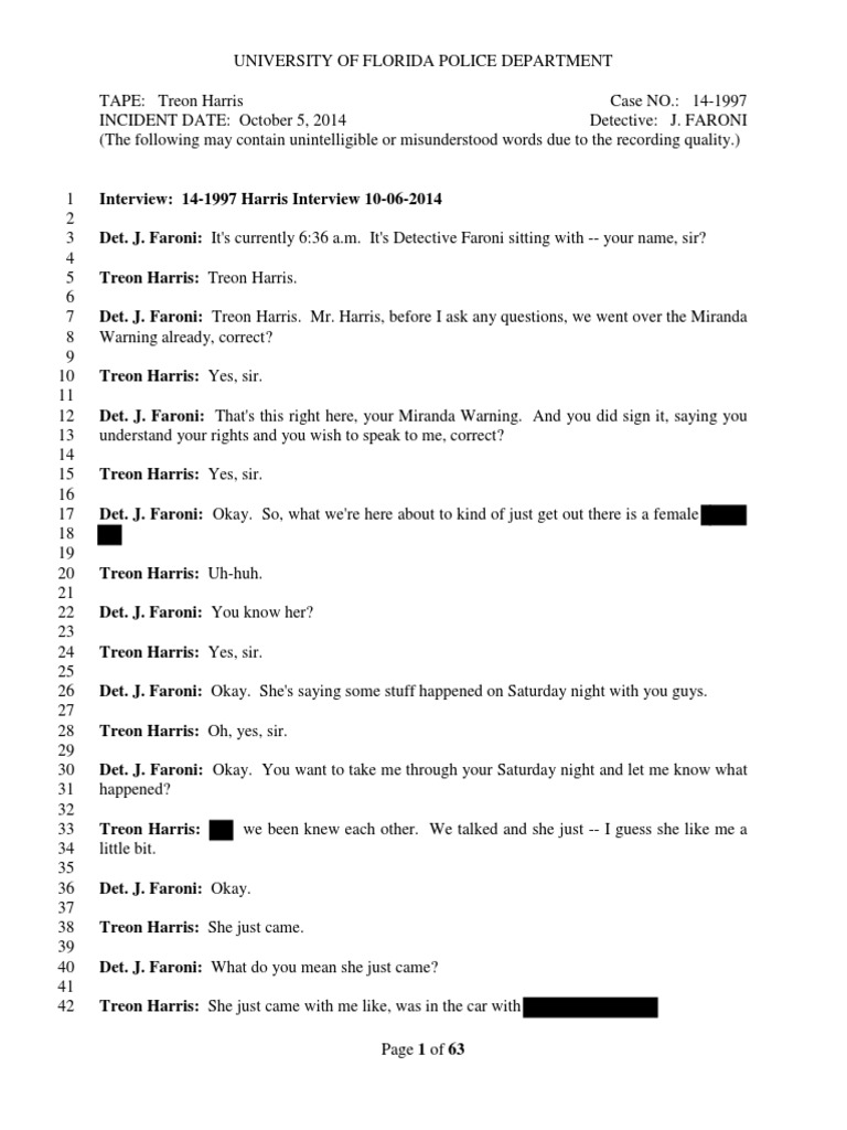 Treon Harris Police Interview Transcript | PDF | Miranda Warning ...