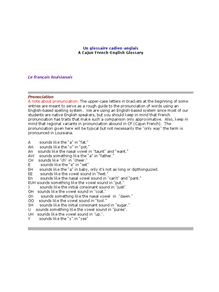 Cajun French-English Glossary | PDF | Consonant | English Language