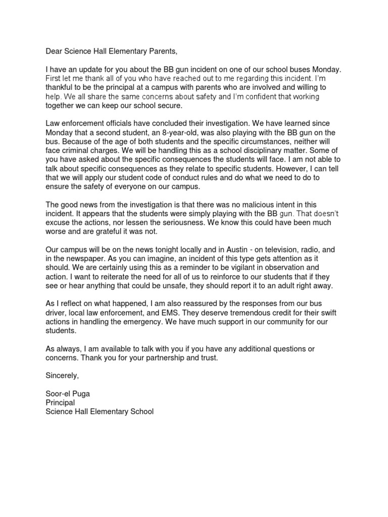 BB Gun Incident Update for Parents | PDF | Self-Improvement | Wellness