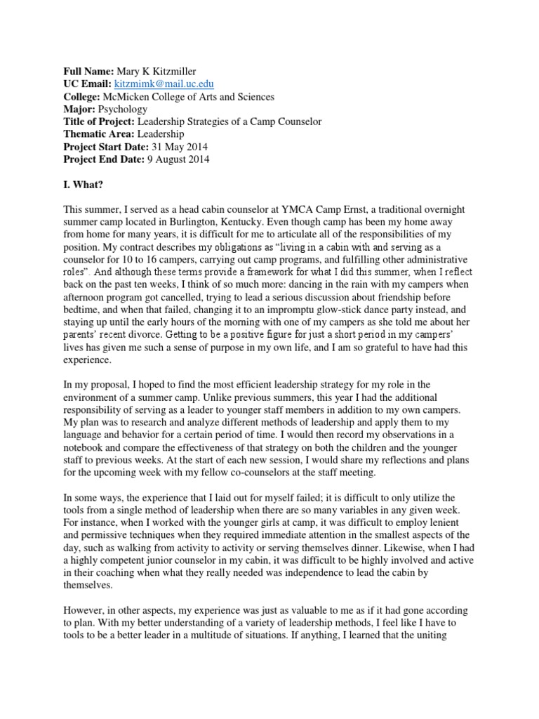 Leadership Strategies of A Camp Counselor - Reflective Essay | PDF ...
