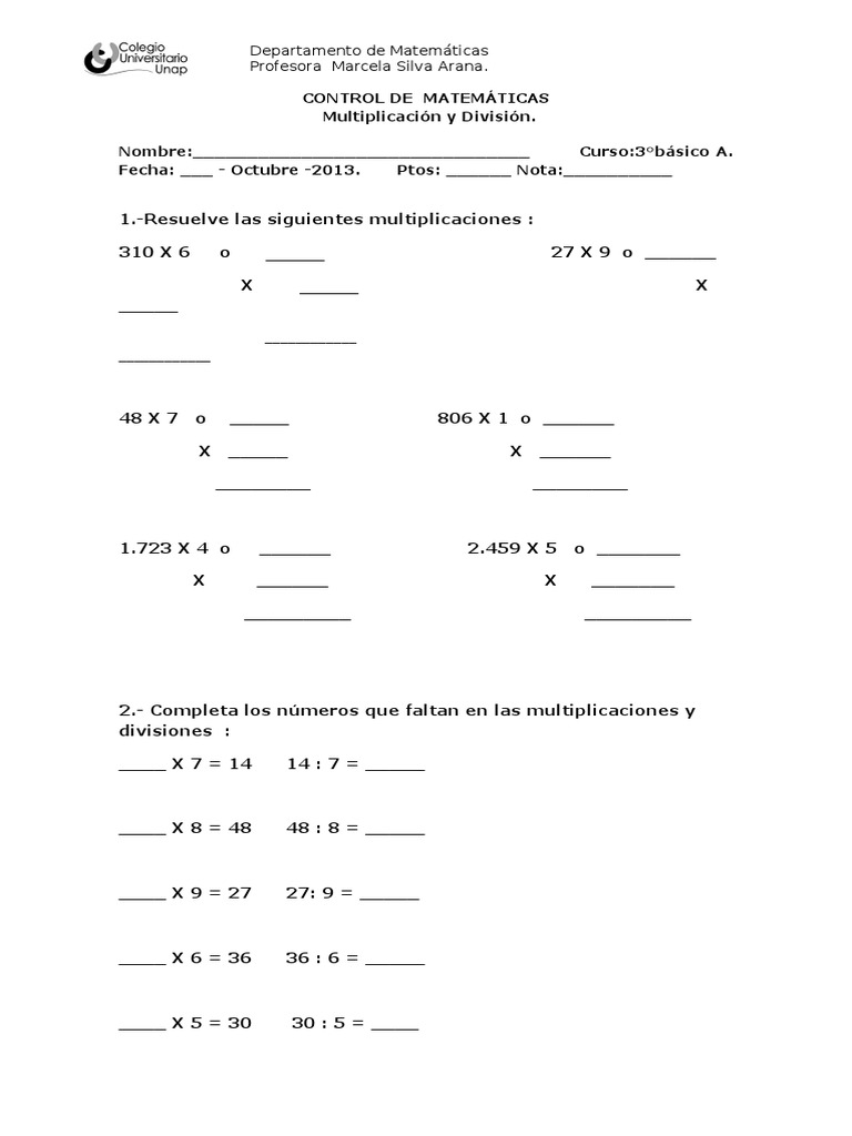 control de multiplicación y división TERCERO BÁSICO ..doc | Física y ...