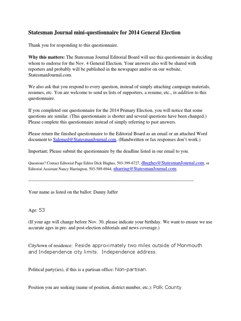 Danny Jaffer 2014 General Election Questionnaire | PDF | Questionnaire ...