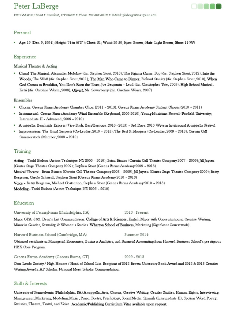 Peter LaBerge - Acting & Modeling Resume | PDF | University Of Pennsylvania | Theatre