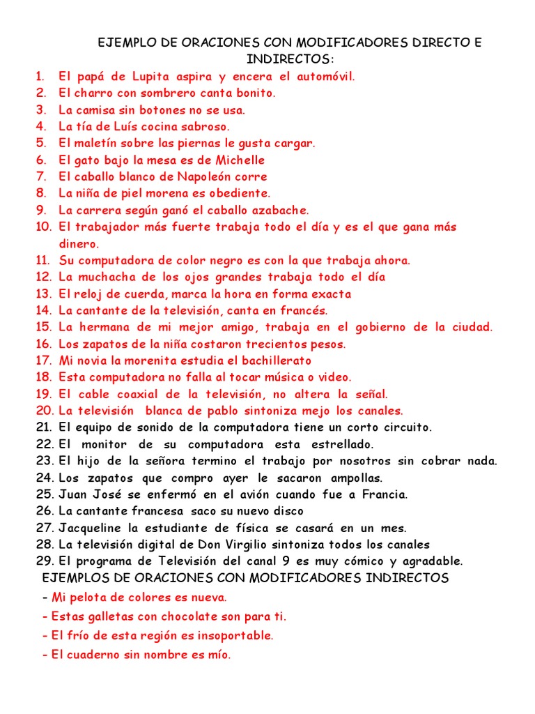 Oraciones con Modificadores Directos e Indirectos | PDF