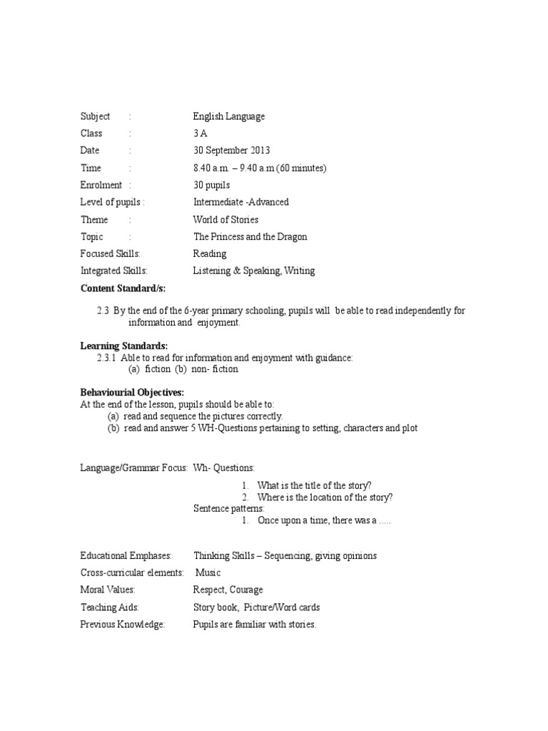 A Sample KSSR Reading Lesson Plan | PDF