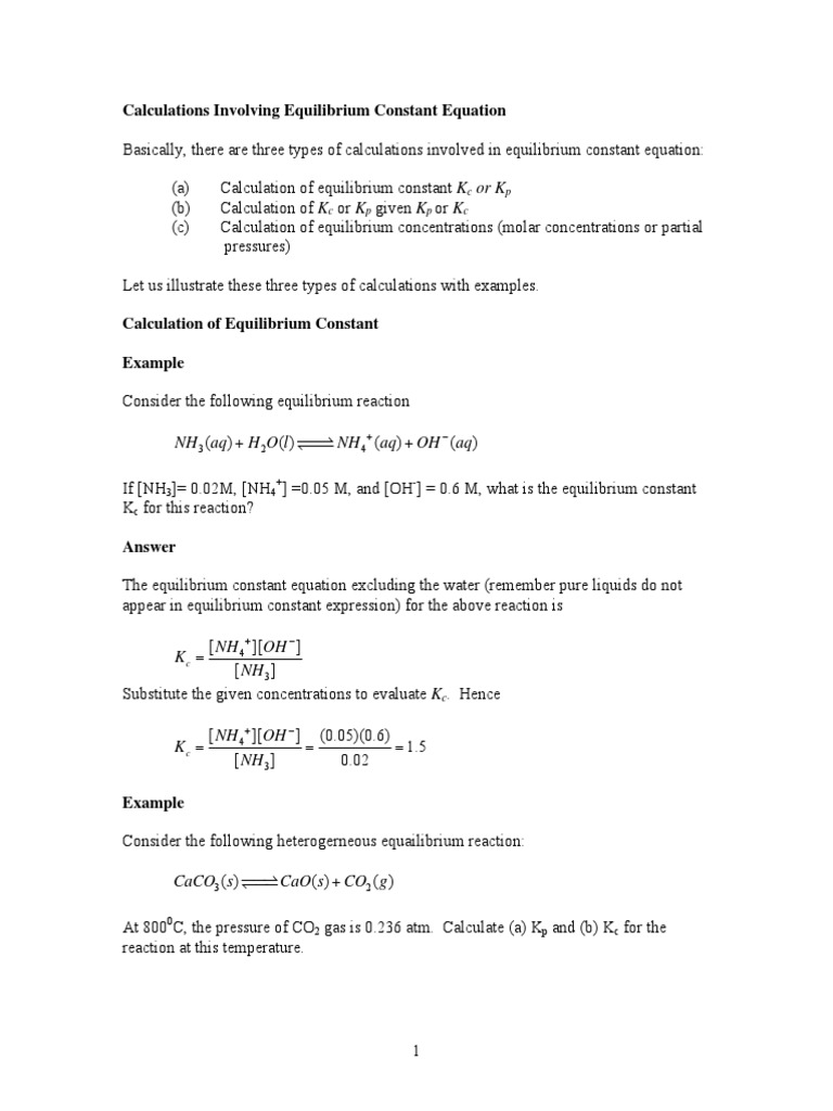 Equilibrium Constant Kp Calculations | PDF | Chemical Equilibrium ...