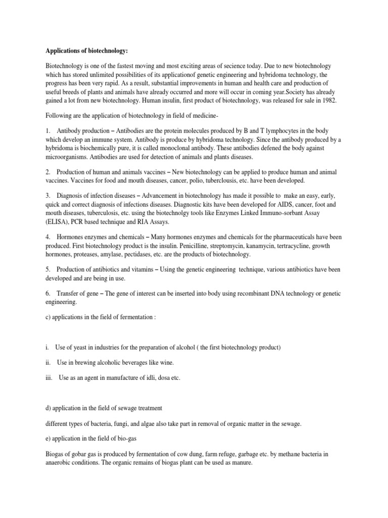 Key Applications of Biotechnology | PDF | Biotechnology | Genetic ...