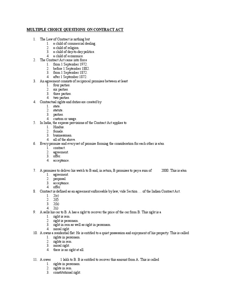 Multiple Choice Questions | PDF | Business Law | Comparative Law