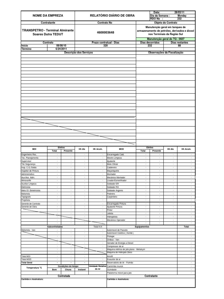 Modelo de RDO para Obras de Engenharia | PDF | Engenharia Mecânica ...