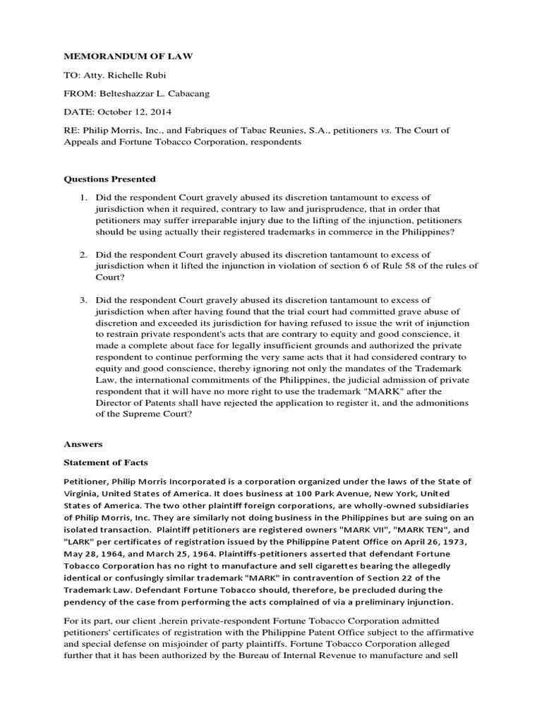 Legal Memorandum Sample | PDF | Trademark | Lawsuit