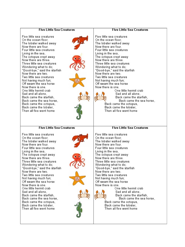 Five Little Sea Creatures Poem | PDF | Marine Biology | Octopus