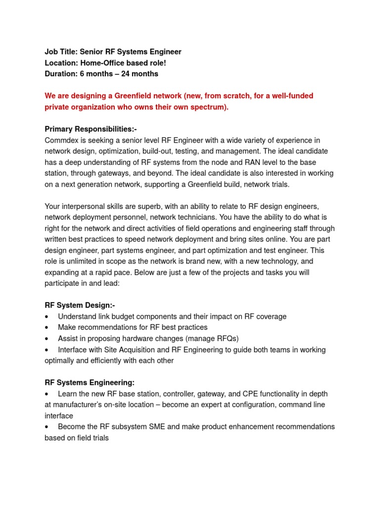 M2M RF Engineering Job Description | PDF | Engineer | Systems Engineering