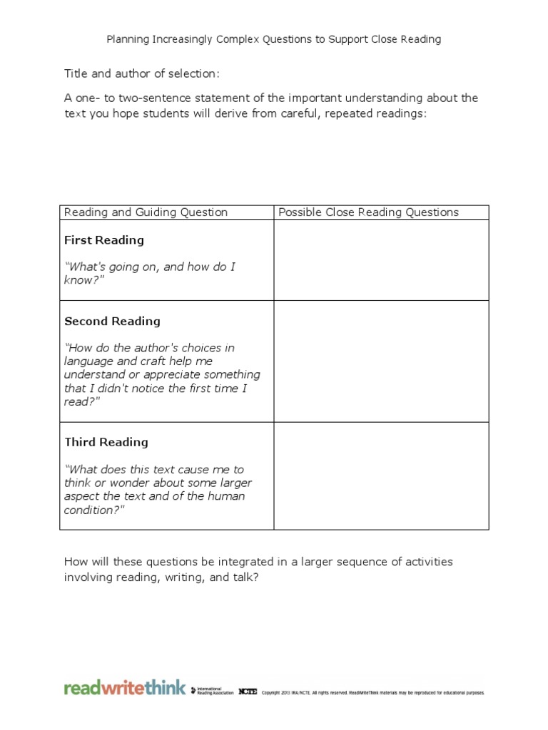 Close Reading Planning Sheet | PDF