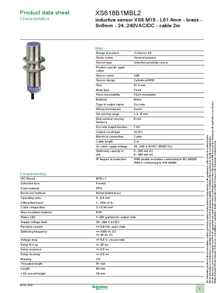 OsiSense XS XS618B1MBL2 PDF | PDF | Cable | Sensor
