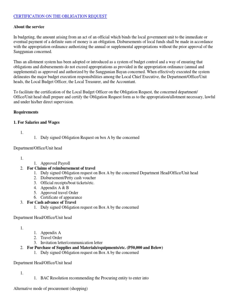 Obligation Request Certification Guide | PDF | Appropriation (Law) | Budget