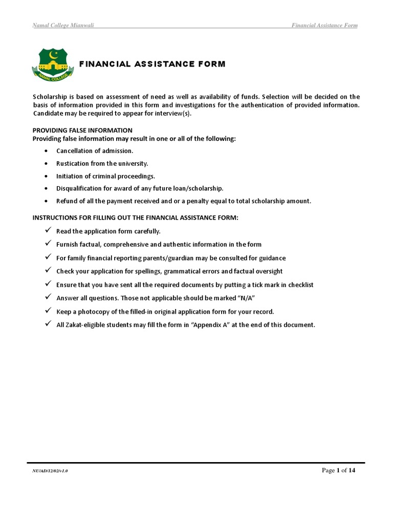 Financial Assistance Form | Download Free PDF | Student Financial Aid ...