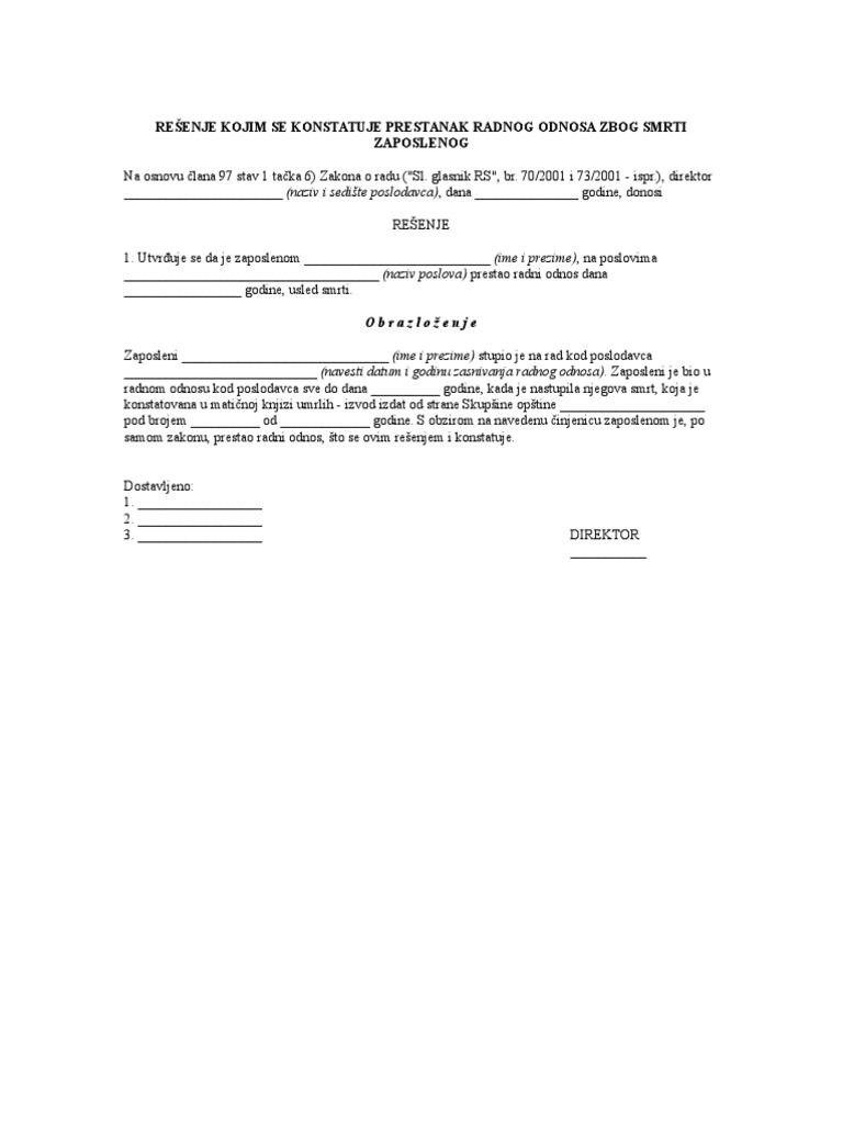 Rešenje Kojim Se Konstatuje Prestanak Radnog Odnosa Zbog Smrti ...
