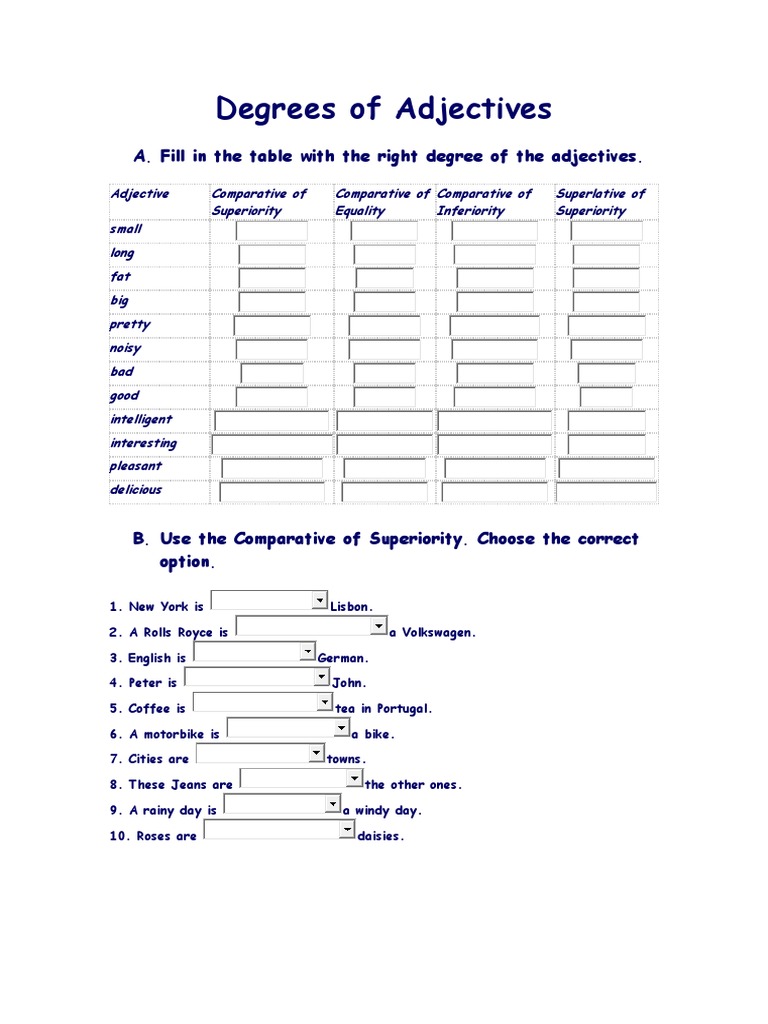 Degree Of Adjectives Worksheets