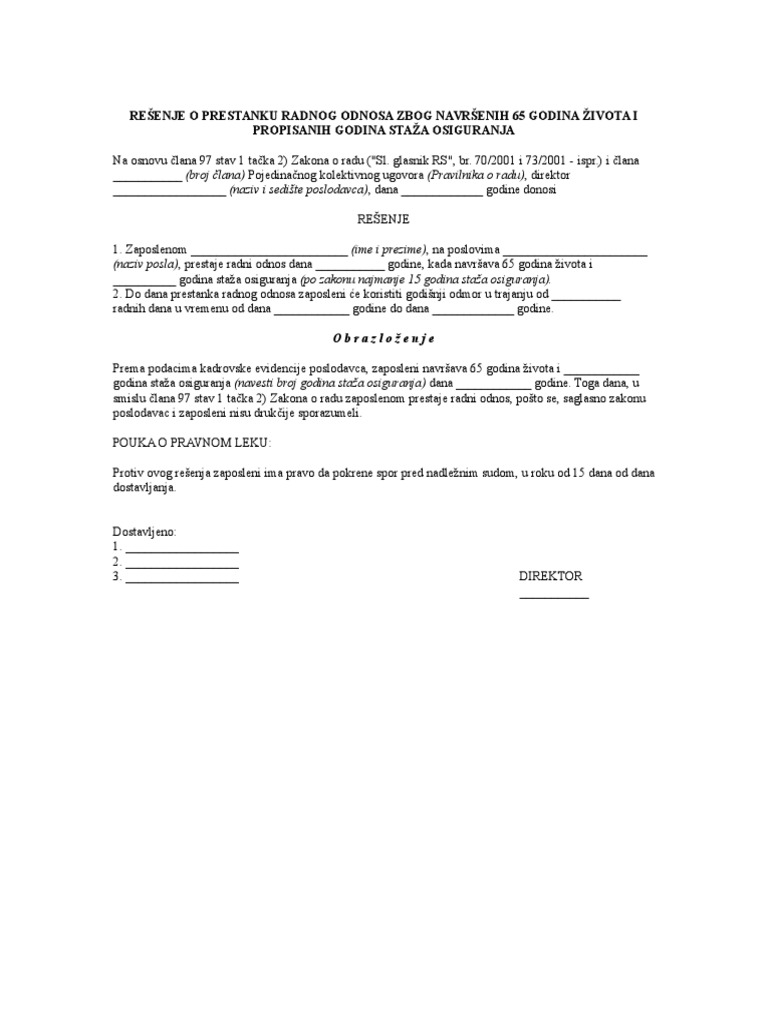 Rešenje o Prestanku Radnog Odnosa Zbog Navršenih 65 Godina Života I ...