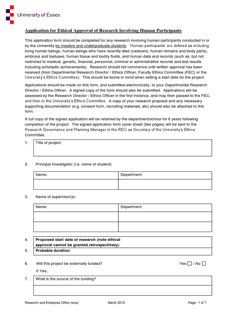 Student Application for Ethical Approval Form | Institutional Review ...
