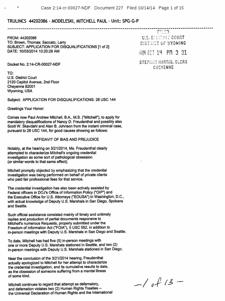 APPLICATION FOR DISQUALIFICATIONS: 28 USC 144 (containing AFFIDAVIT OF ...