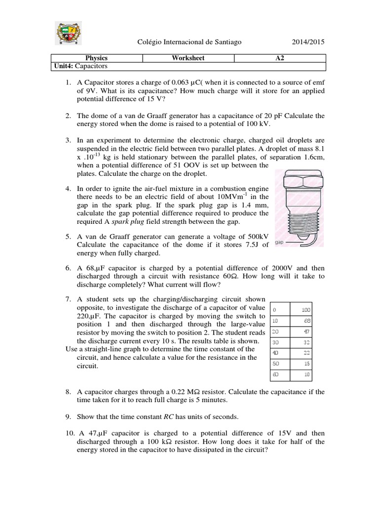 Physics Worksheet A2 Unit4 | PDF | Capacitor | Voltage