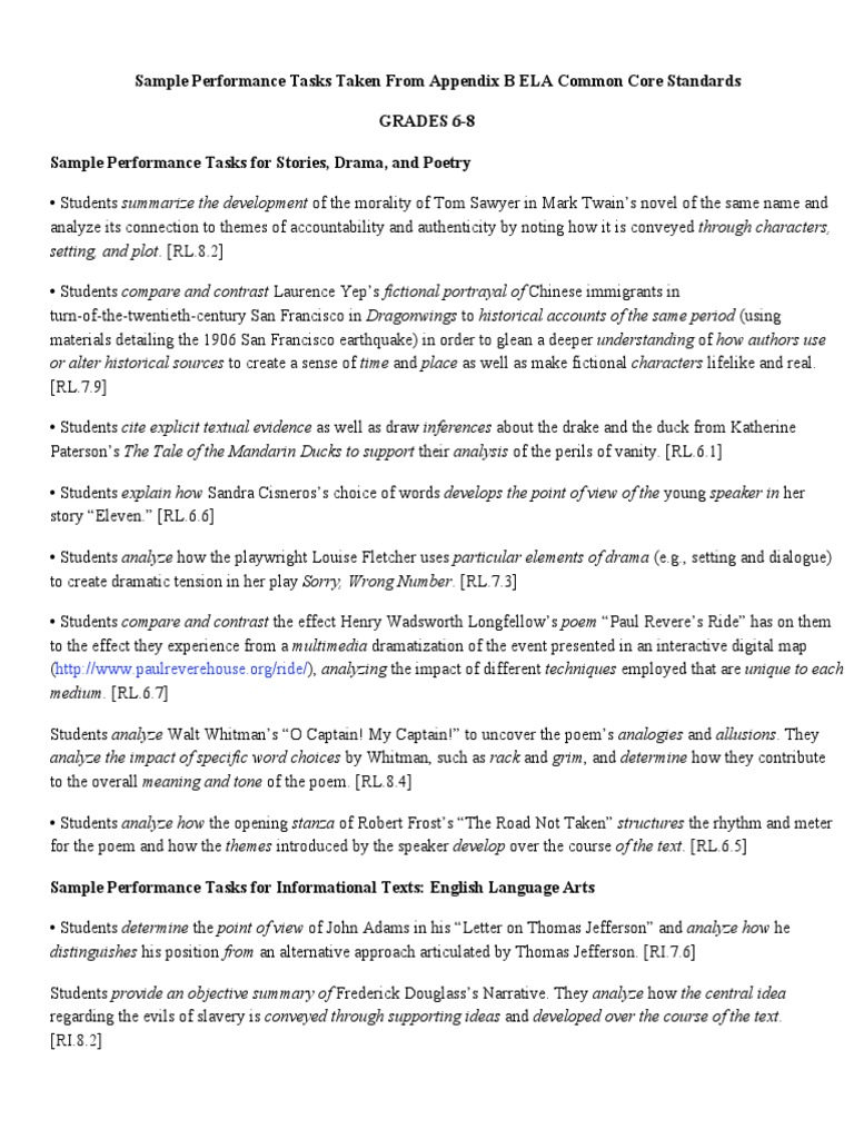 Sample Performance Tasks Taken From Appendix B ELA Common Core ...