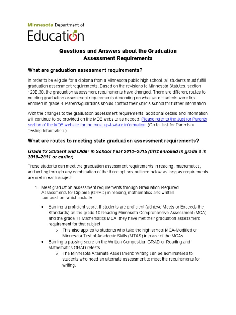 Minnesota Graduation Assessment FAQs | PDF | Act (Test) | Educational ...