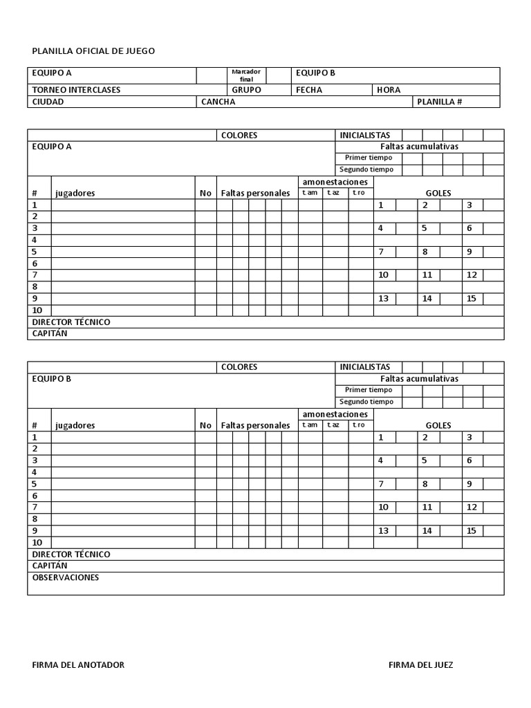 PLANILLA E INSTRUCTIVO DE FUTSAL.docx | Árbitro | Fútbol