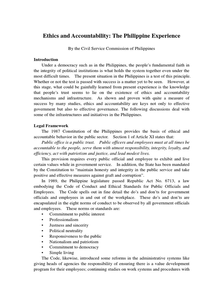 Ethics and Accountability The Philippine Experrience by CSC | PDF ...