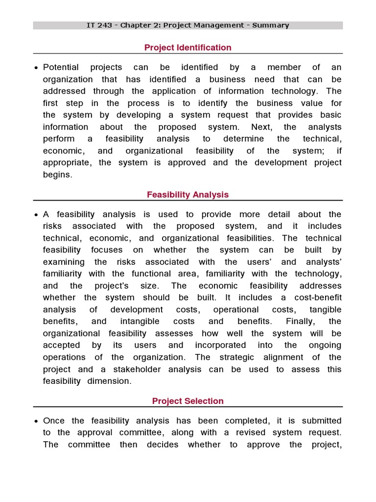 Project Identification: IT 243 - Chapter 2: Project Management - Summary | PDF | Feasibility ...