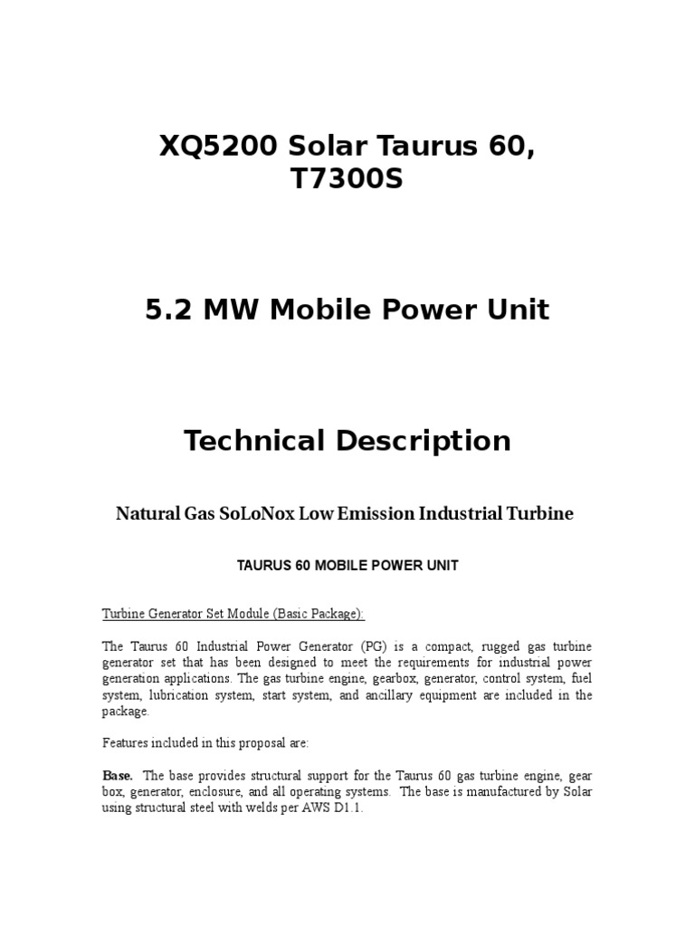 Xq5200 Solar Taurus 60, T7300S: Natural Gas Solonox Low Emission ...