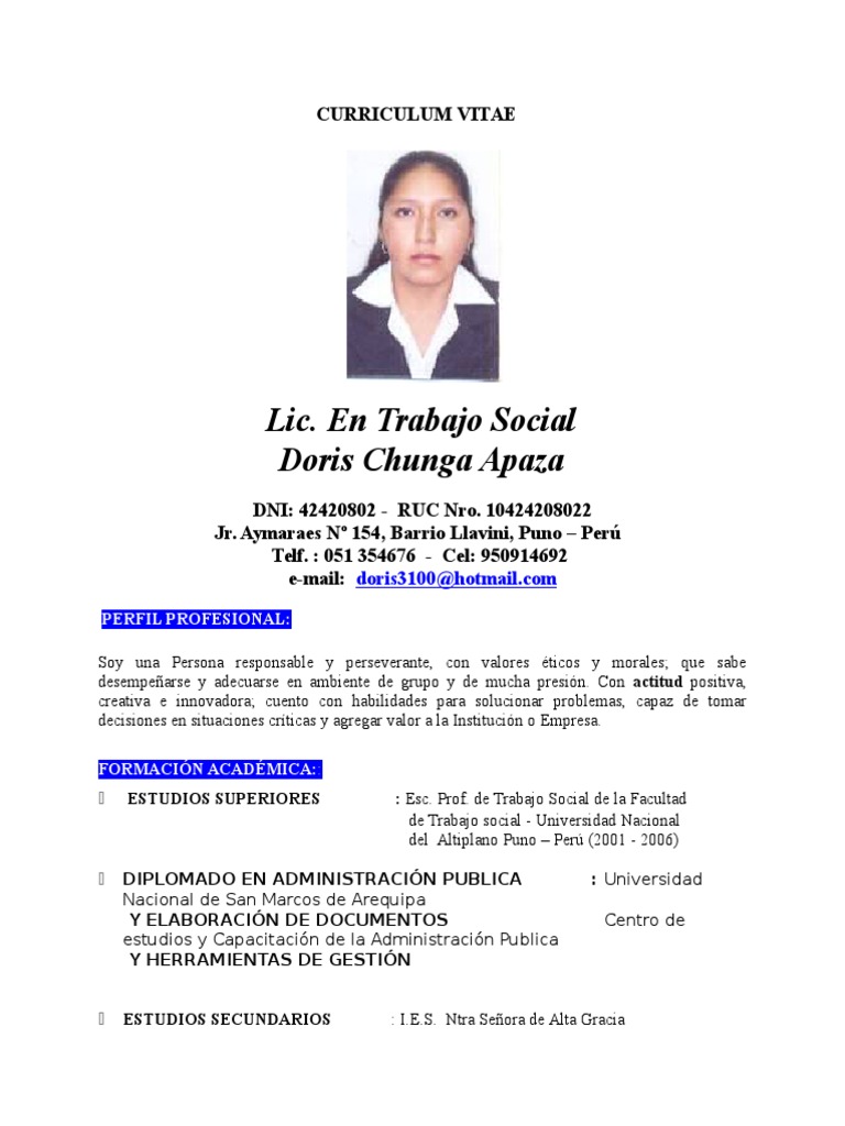 CV. Doris Chunga | PDF | Bienestar | Economias
