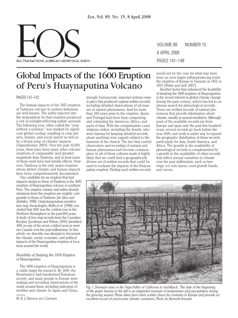 Global Impacts of The 1600 Eruption of Peru's Huaynaputina Volcano ...