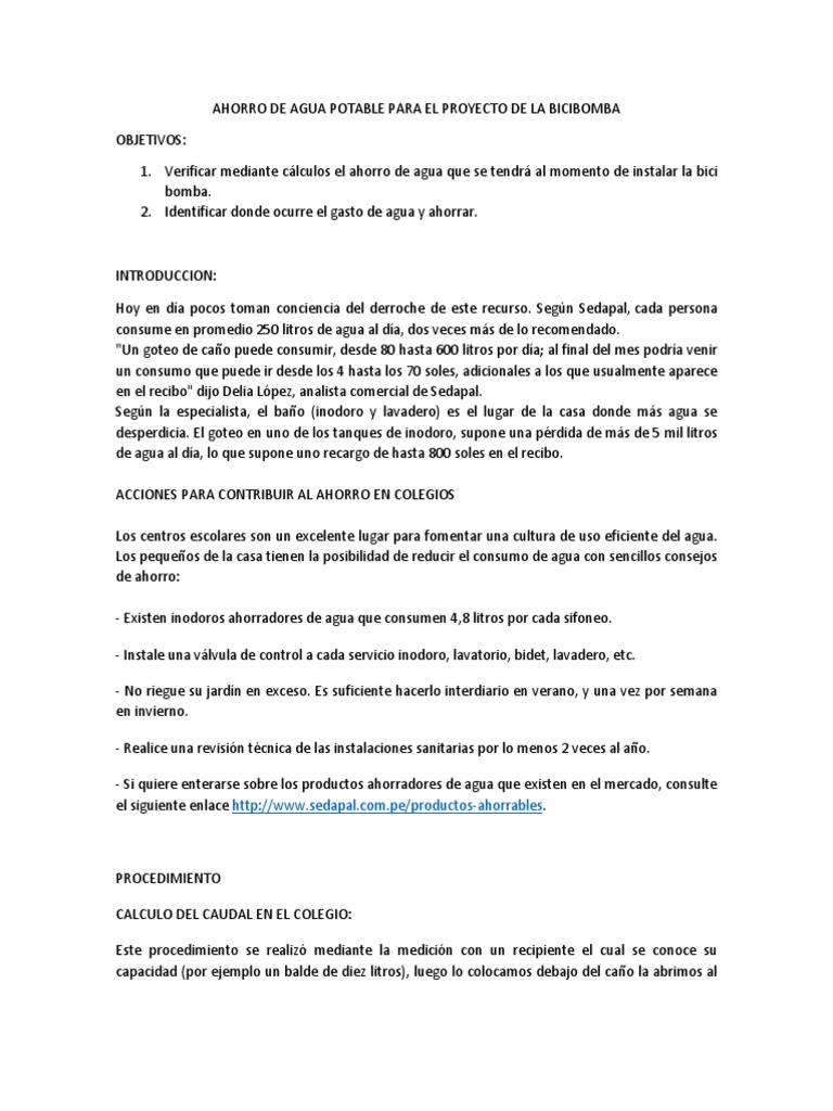 Ahorro de Agua Potable para El Proyecto de La Bicibomba | PDF | Riego ...