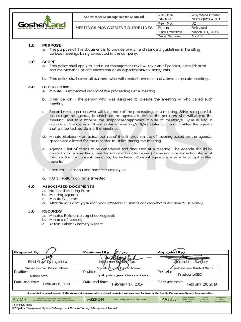 1 of 5 1.0 Purpose: Meetings Management Manual Meetings Management ...