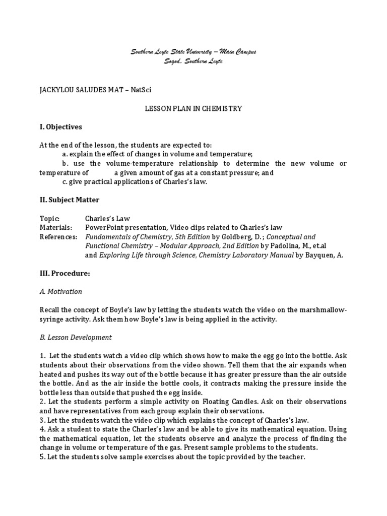 Charles's Law Lesson Plan | PDF | Oxygen | Lesson Plan