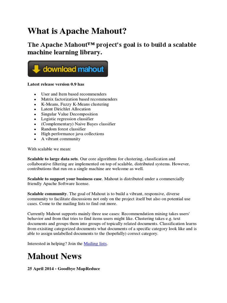 What Is Apache Mahout PDF | PDF | Statistical Classification | Cluster Analysis