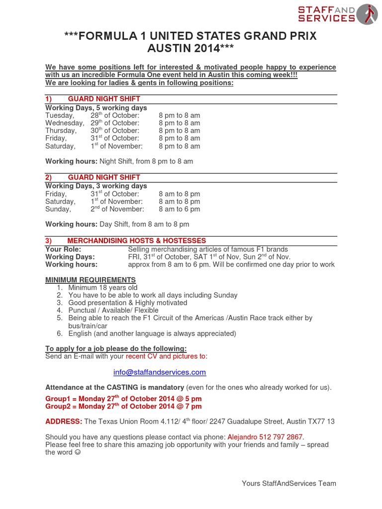 Austin F1 Job Openings: Guards & Hosts | PDF