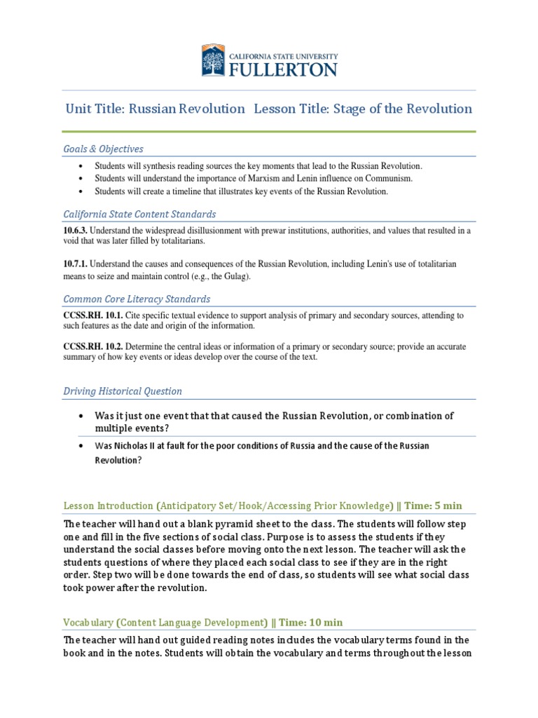 Russian Revolution Lesson Plan | PDF | Nicholas Ii Of Russia | Russian ...