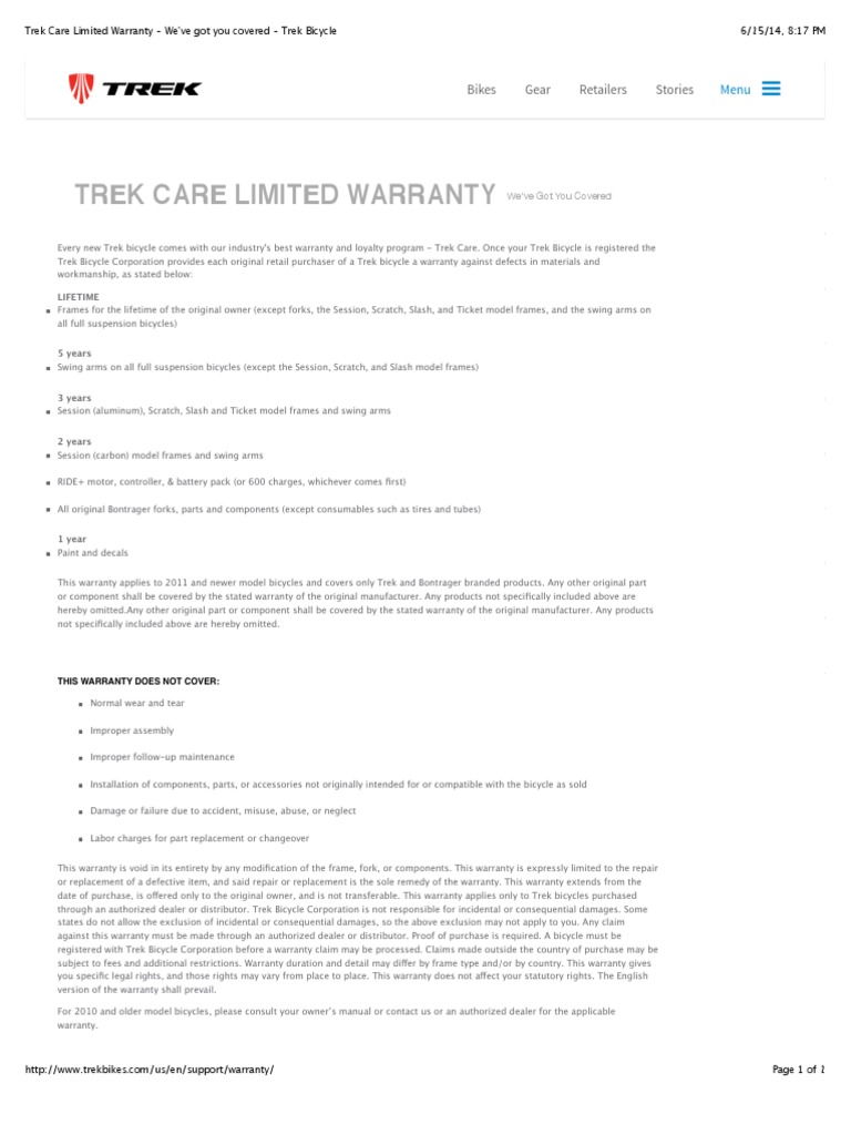 Trek Care Limited Warranty - We'Ve Got You Covered - Trek Bicycle | PDF ...
