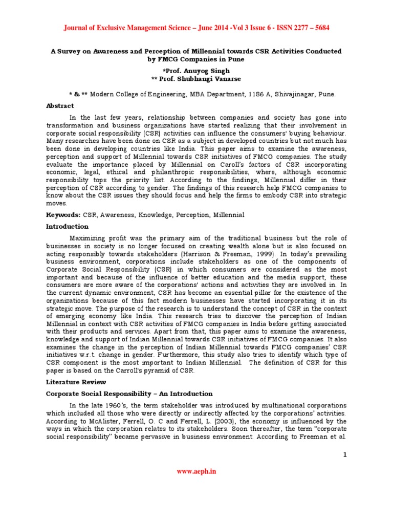 A Survey On Awareness and Perception of Millennial Towards CSR ...