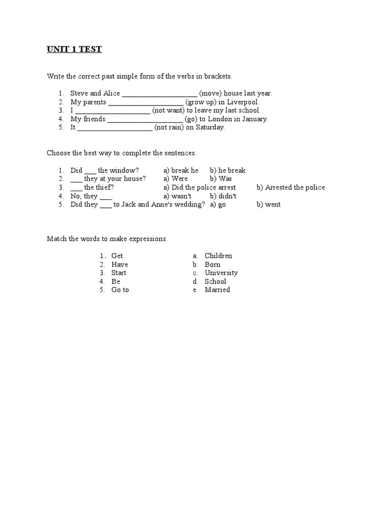 Unit 1 Test: Past Simple Practice | PDF