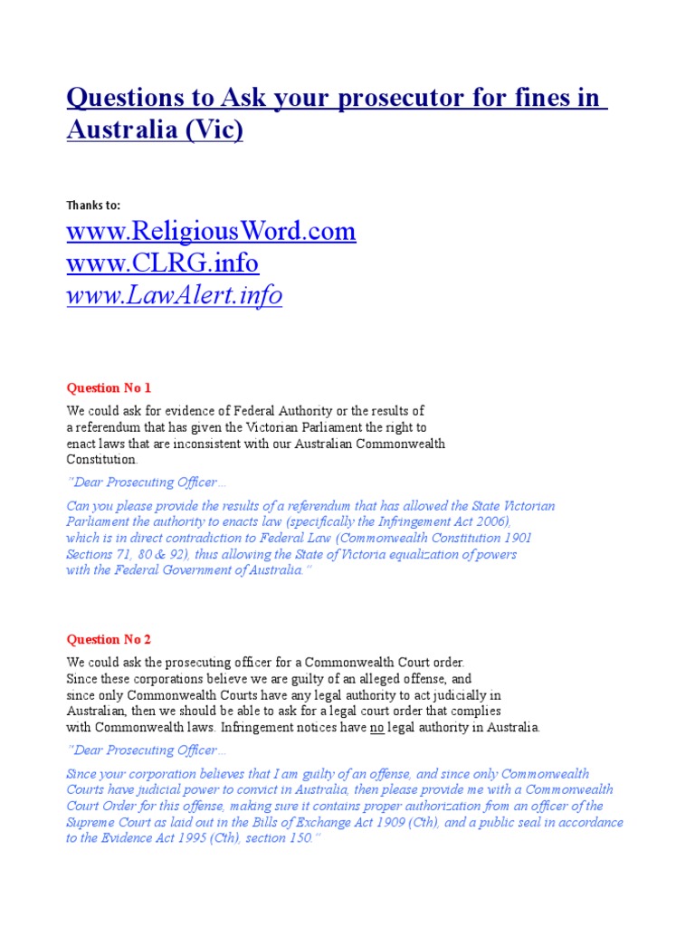 Questions To Ask Your Prosecutor | PDF | Government Of Australia ...