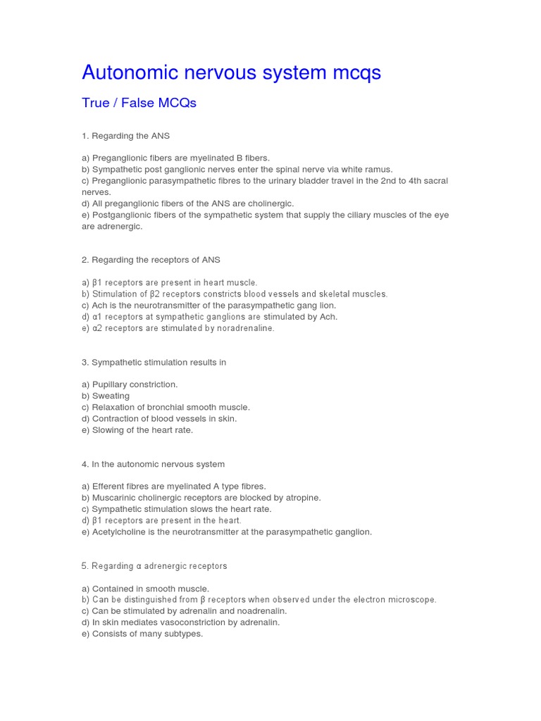 Autonomic Nervous System Mcqs | PDF