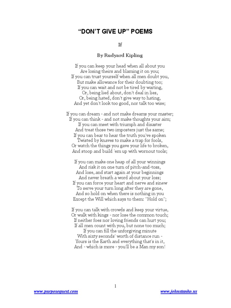 "Don'T Give Up" Poems: If by Rudyard Kipling | PDF | Law | Poetry