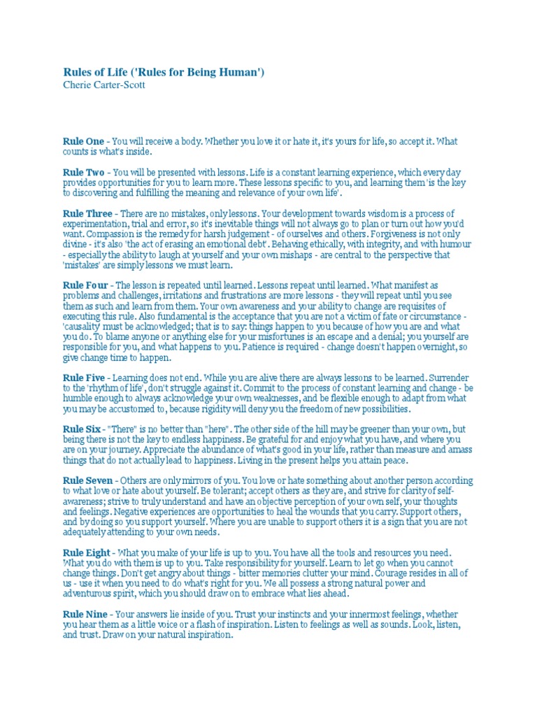 Rules of Life for Being Human by Cherie Carter-Scott | PDF | Wisdom ...