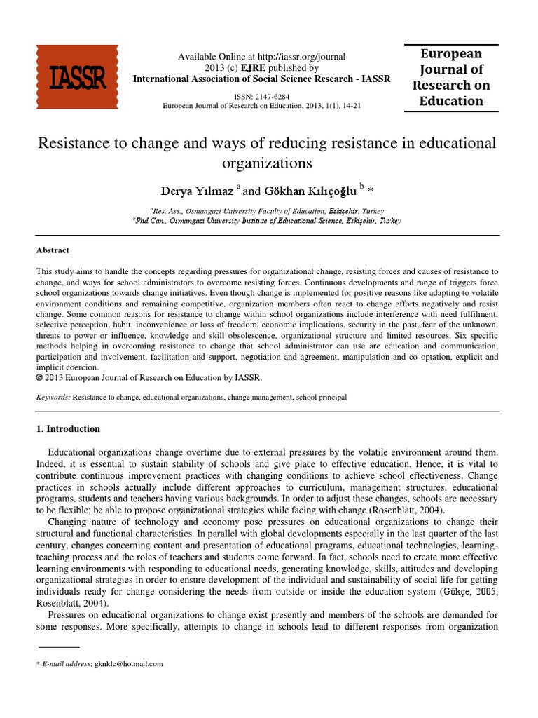 Resistance To Change and Ways of Reducing Resistance in Educational ...