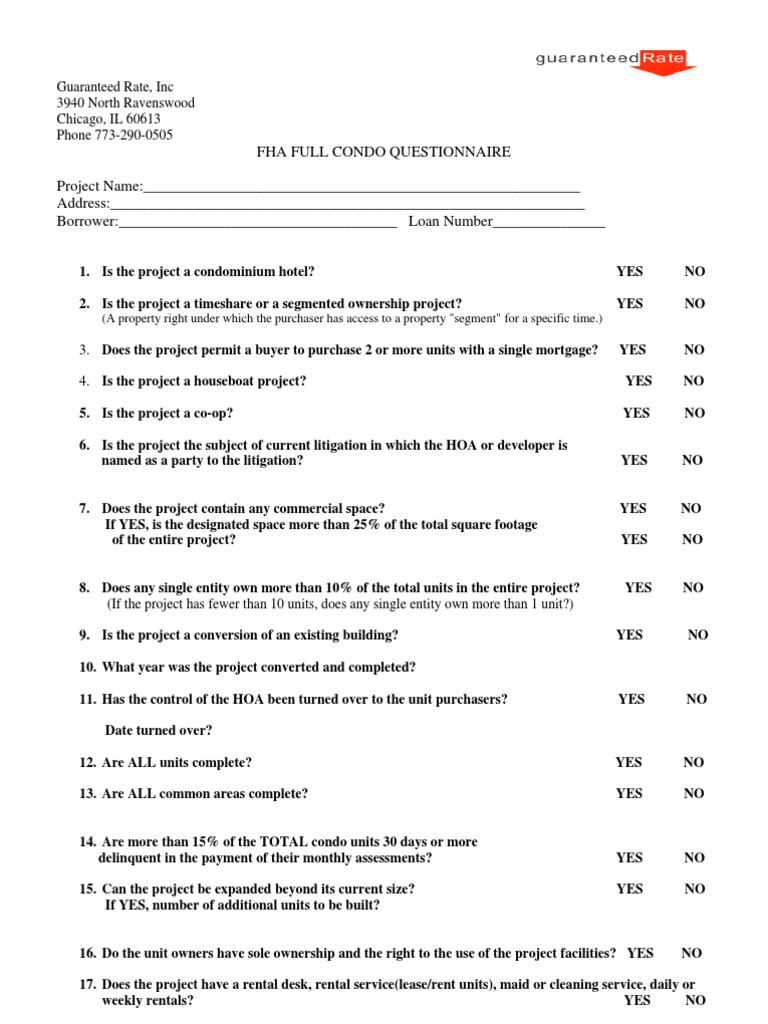 FHA Full Condo Questionnaire Form | PDF | Condominium | Property
