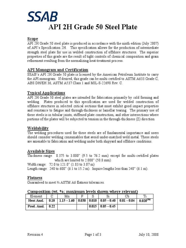 API 2H Grade 50 Steel Plate Specification | PDF | Structural Steel | Welding